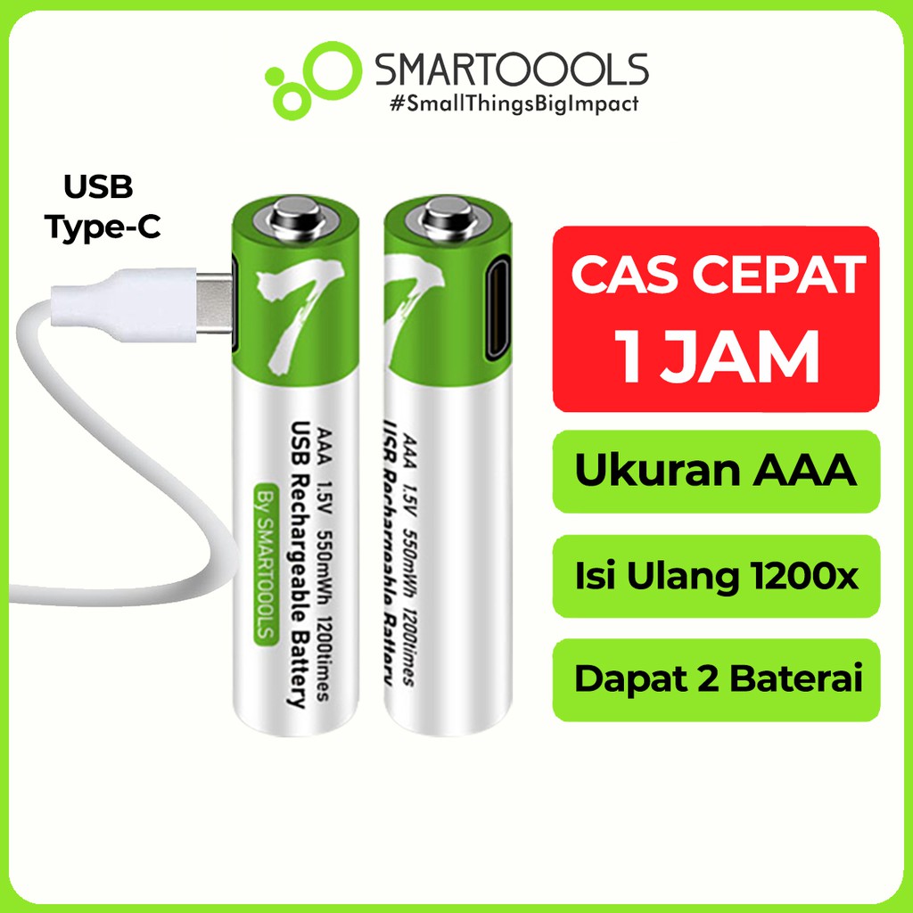 Baterai Cas Isi Ulang 2pcs Smartoools AAA 1.5V Type-C USB Rechargeable ...