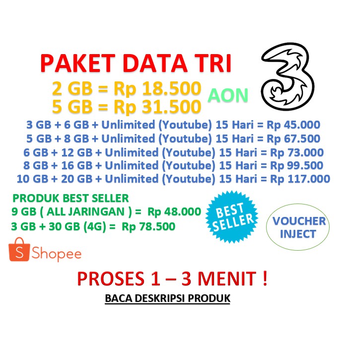 KUOTA 3 TRI THREE Always On (KUOTA++) SEMUA JARINGAN 24 JAM PAKET DATA ...