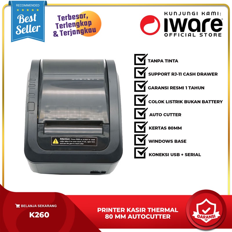 Jual IWARE PRINTER KASIR THERMAL K260 D260 80MM USB/BLUETOOTH/SERIAL ...