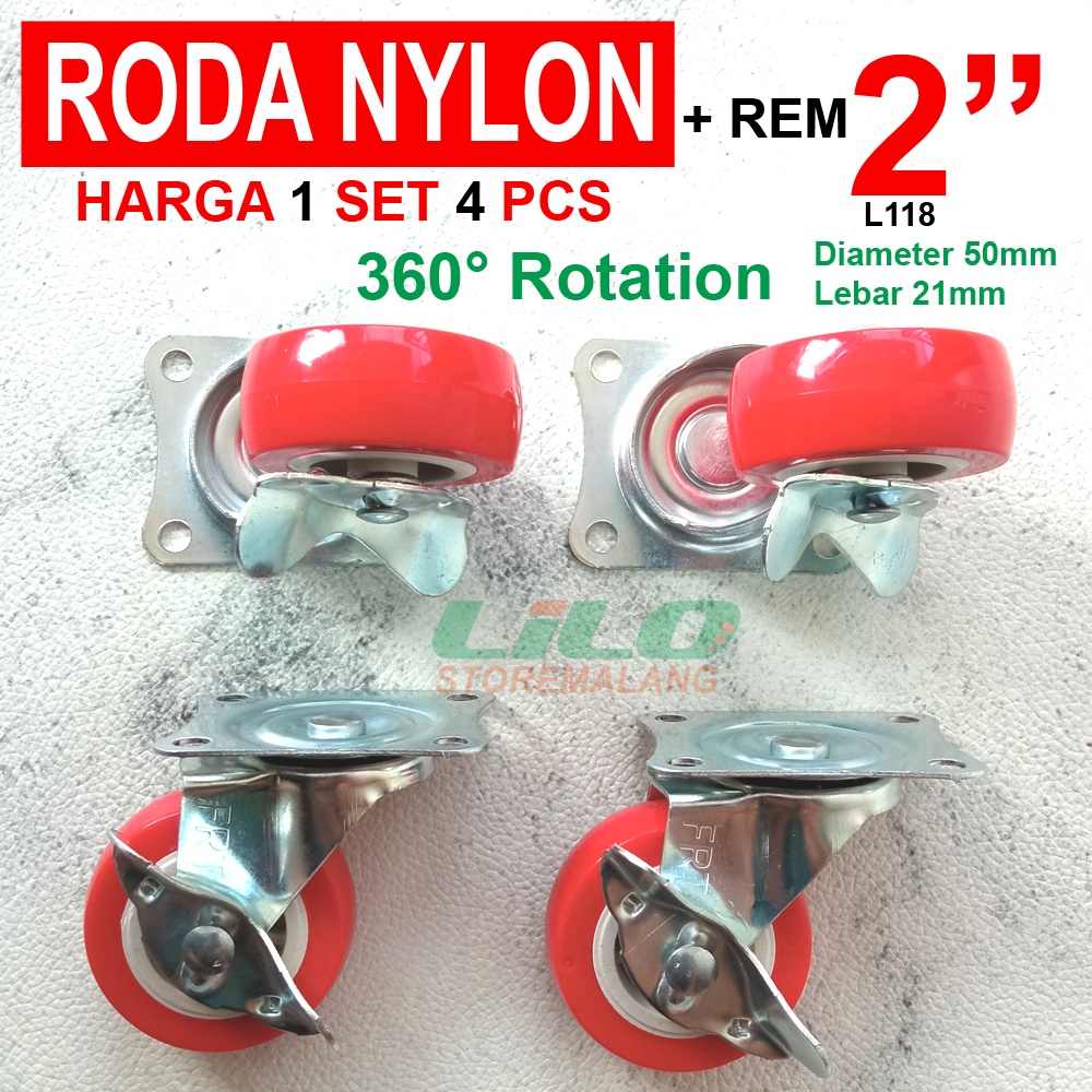 Jual Roda Nylon Casters Hidup PU PVC Troli + REM 2" Inch SET 4 Pcs L118 ...