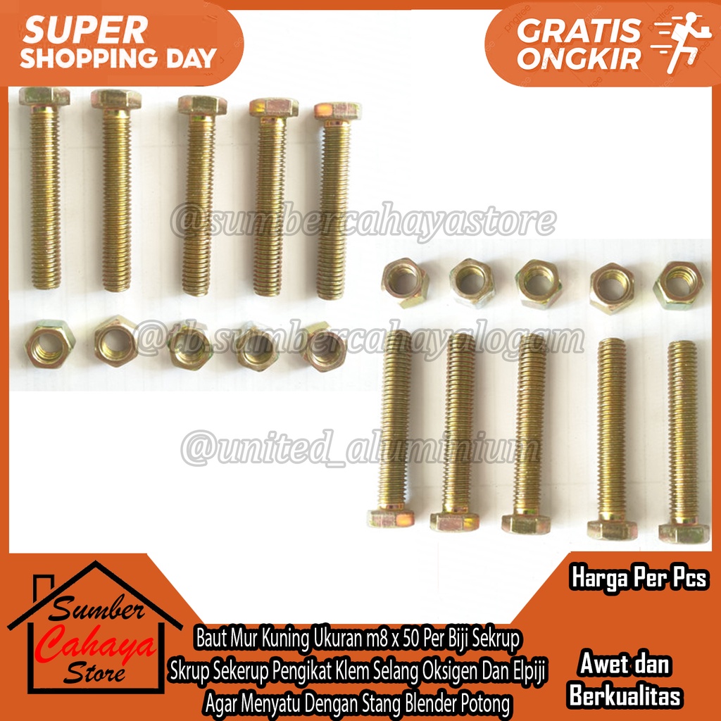 Jual Baut Mur Kuning Ukuran M8 x 50 Kunci Ring Pas 12 Hexagon Bolts Nuts Besi Per Biji Sekrup ...