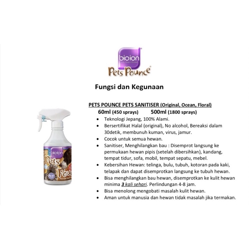 Jual Pet Pounce Bioion Sanitizer Spray - varian Ocean 500 ml | Shopee ...