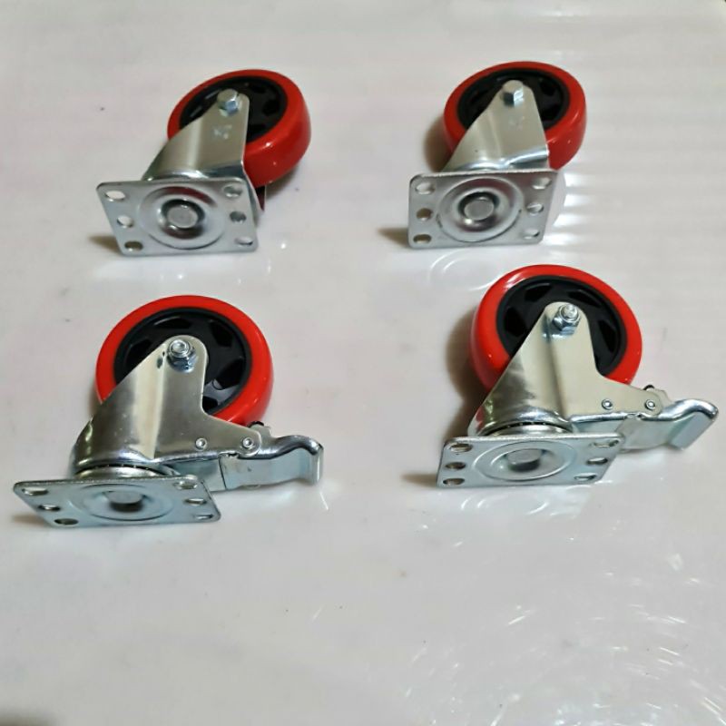 Jual Roda troley polyurethane /Roda Pu merah 4 inch taiwan ( 2putat+rem ...