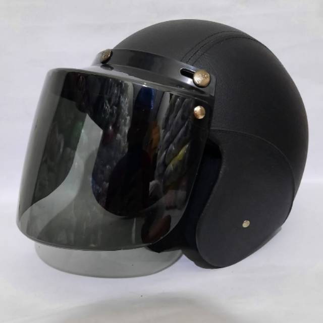 HELM BOGO Full Kulit Retro Klasik Dewasa Motif Hitam Polos Kaca Flat ...