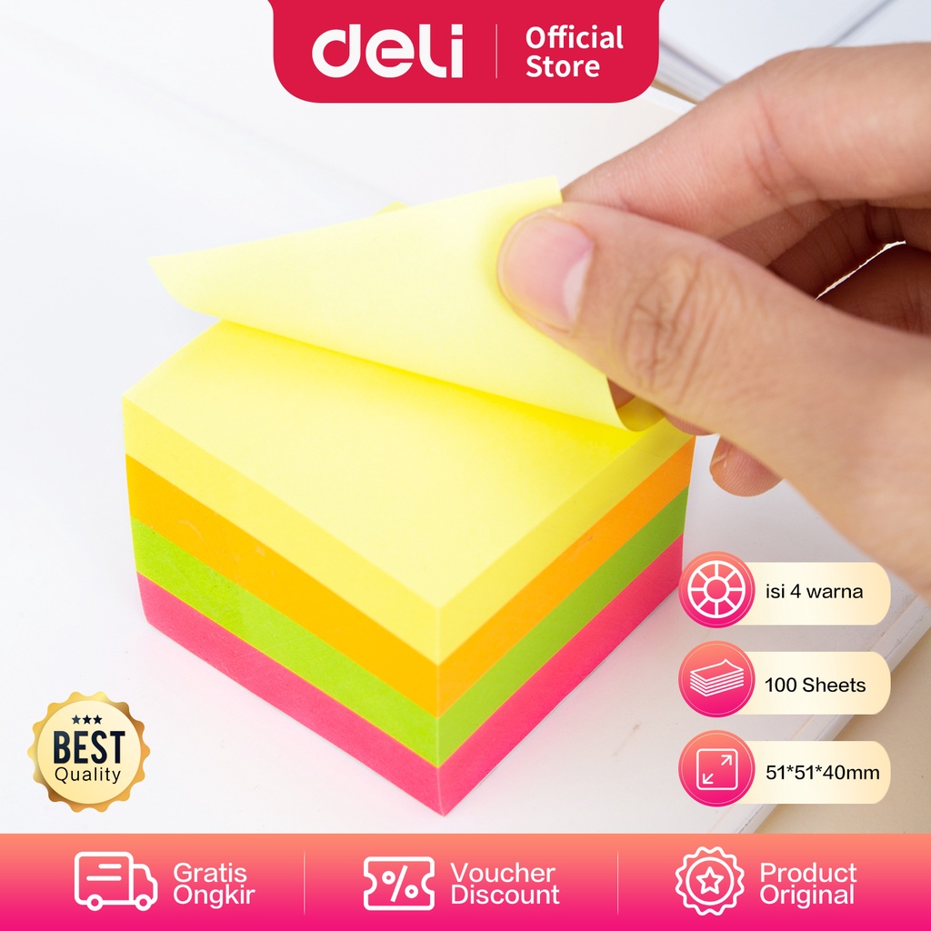 Deli Sticky Note Pad Notes 4x100Sheets 51*51*40mm Lem Menempel Erat ...