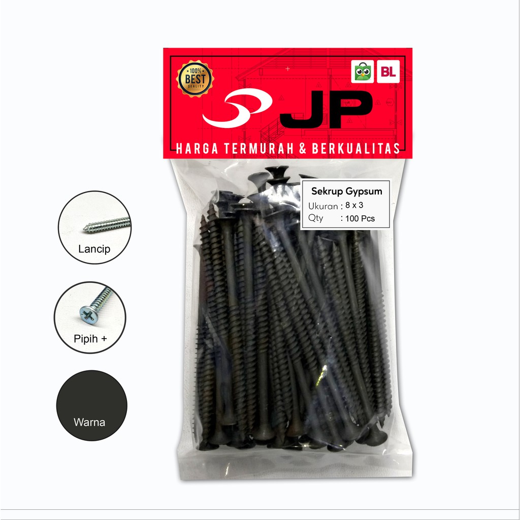 Jual SEKRUP GYPSUM 8 x 3 - SKRUP DRYWALL - BAUT GIPSUM HITAM ISI 100 PCS | Shopee Indonesia