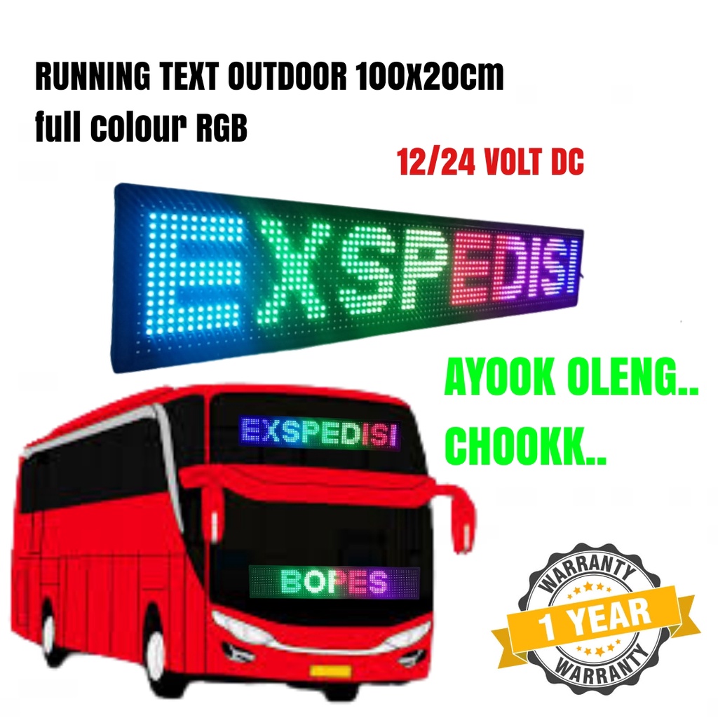 Jual running text 100 x 20cm full colour RGB12V-24V DC mobil bus truk ...