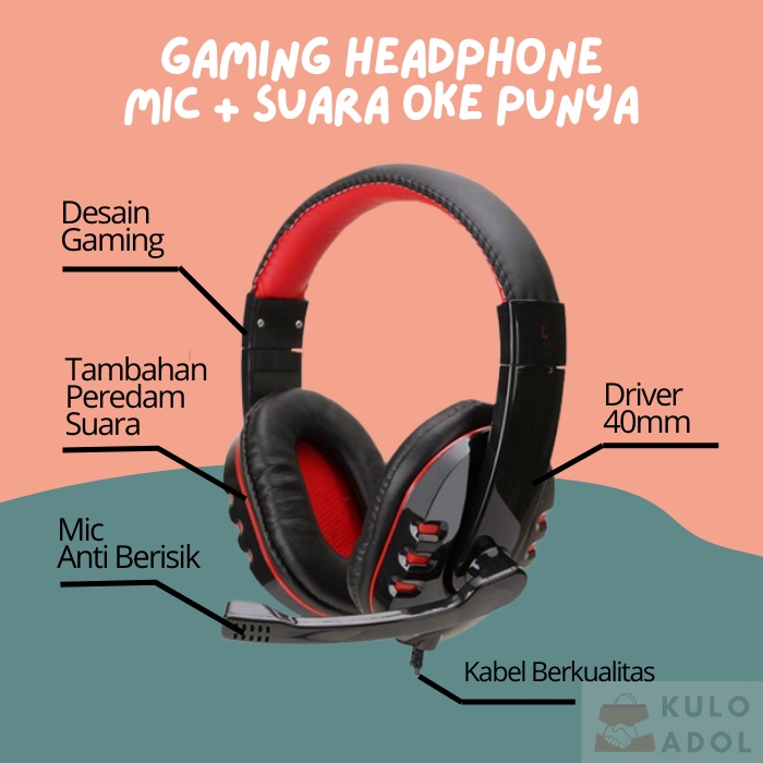 Jual Gaming Headphone Headset + Mic Microphone Mikrofon Hedset Game Heset Ngegame Bass Besar PC ...