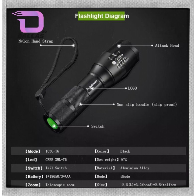 Jual Senter Tactical E17s XML T6 2000 lumens Super terang | Shopee Indonesia
