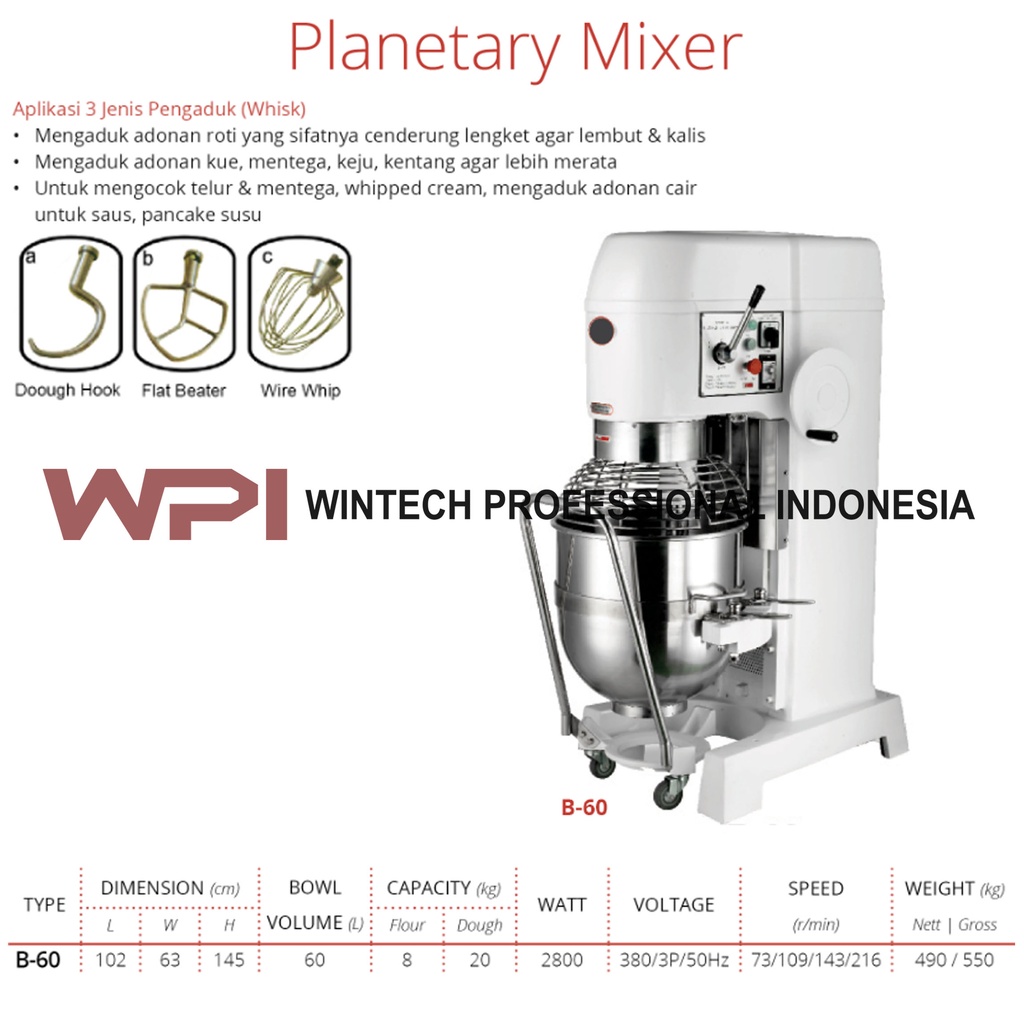 Jual Getra B-60 Planetary Mixer 60 Liter / Mixer Roti & Kue Dengan 3 ...