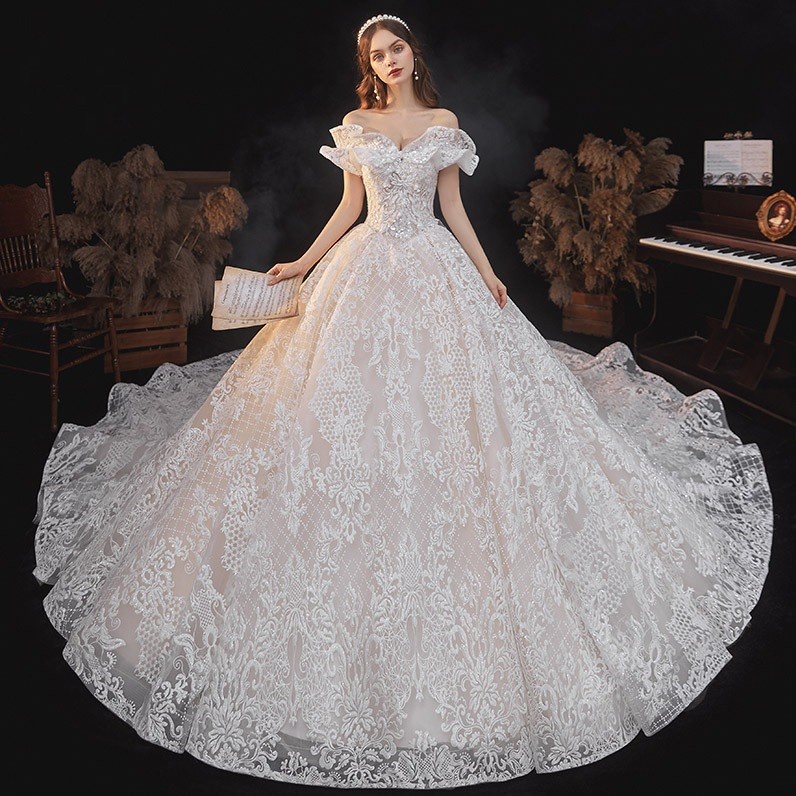 Jual 2108015 Gaun Pengantin Putih Cream Sabrina Ekor Wedding Dresses ...