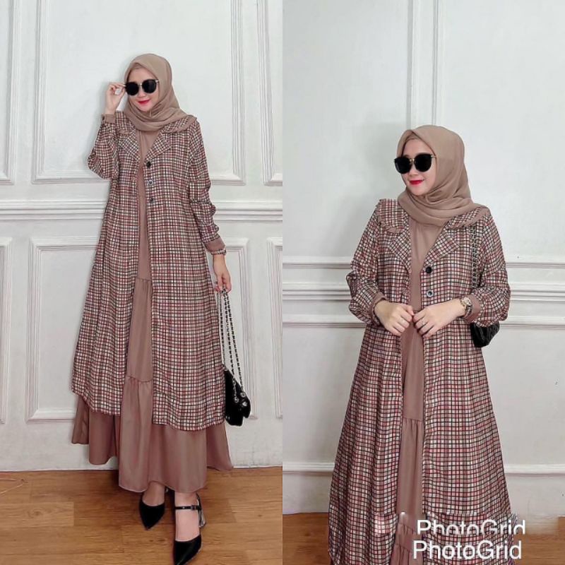 Jual maharani gamis set outer/kotak-kotak/merah/ moca/moka/coklat/biru ...