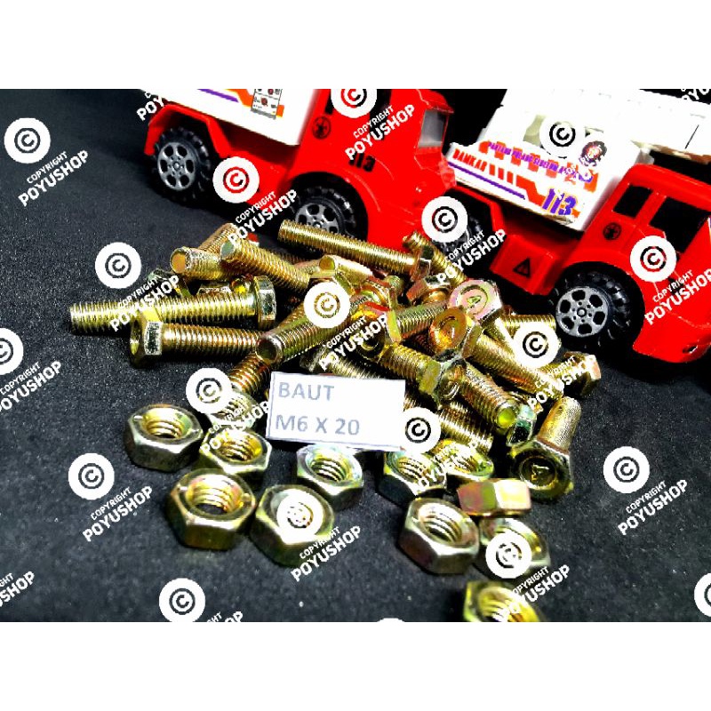 Jual BAUT + MUR M6 X 20; BAUT BESI KUNING M6 X 20 + MUR | Shopee Indonesia