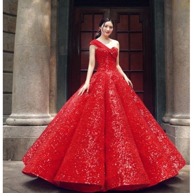 Jual gaun pengantin gaun pesta pernikahan Merah Elegan Mewah Satu Bahu ...