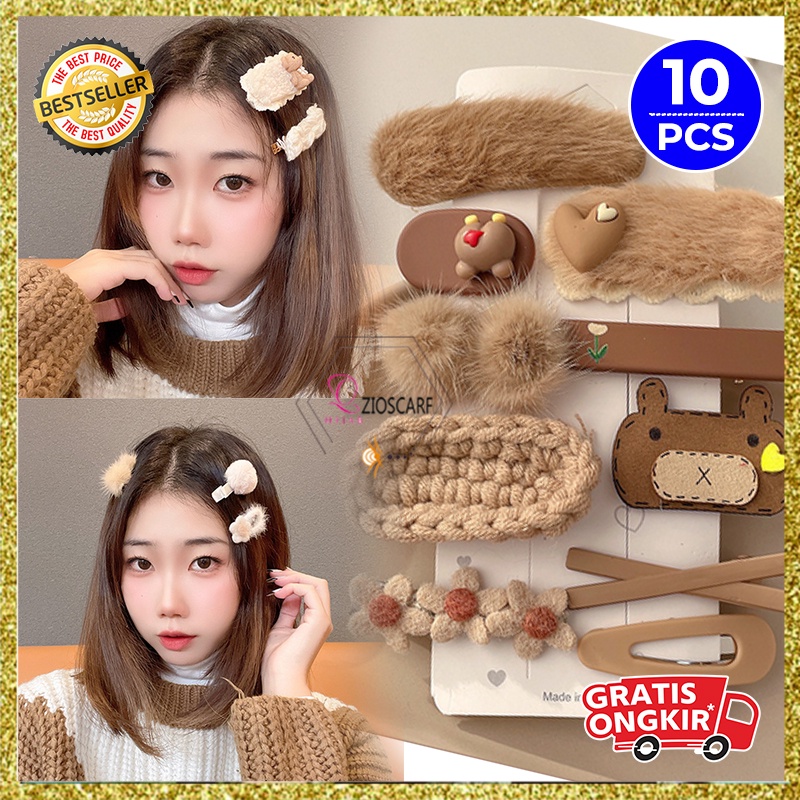 Jual Jepit Rambut Korea Perempuan Model Bulu Coklat Cream 1 Set 10 Pcs ...