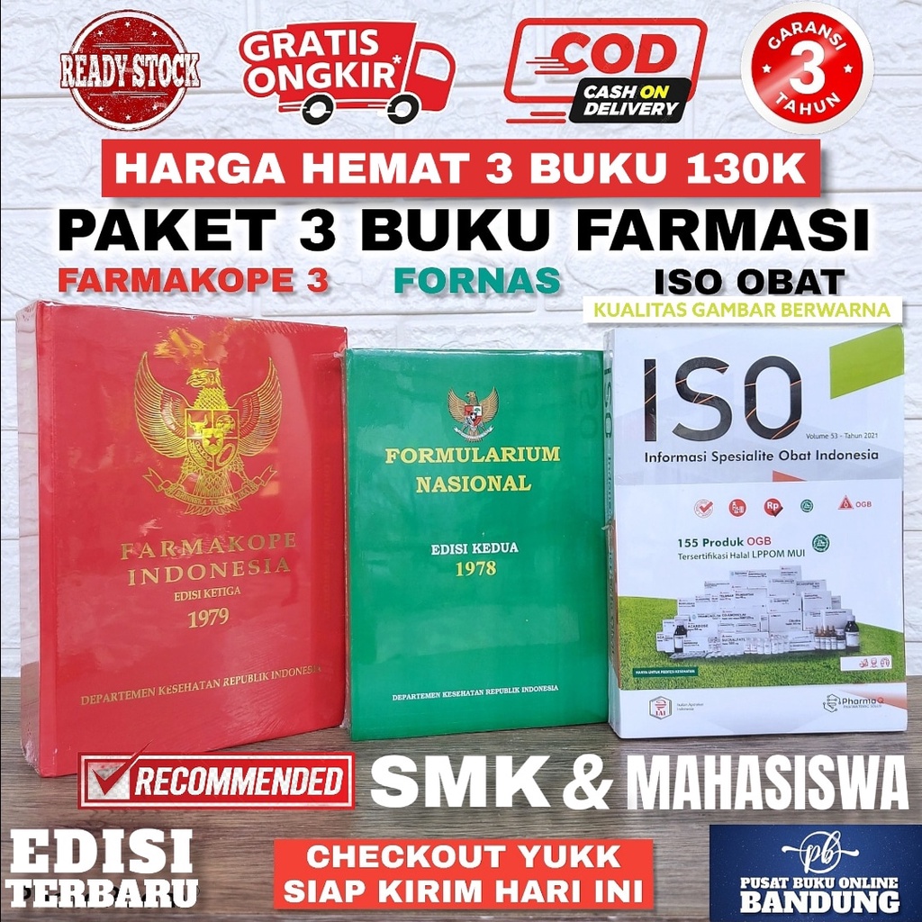 Jual PAKET 3 BUKU FARMASI DASAR FARMAKOPE INDONESIA EDISI 3 FORMULARIUM NASIONAL FORNAS ISO OBAT ...