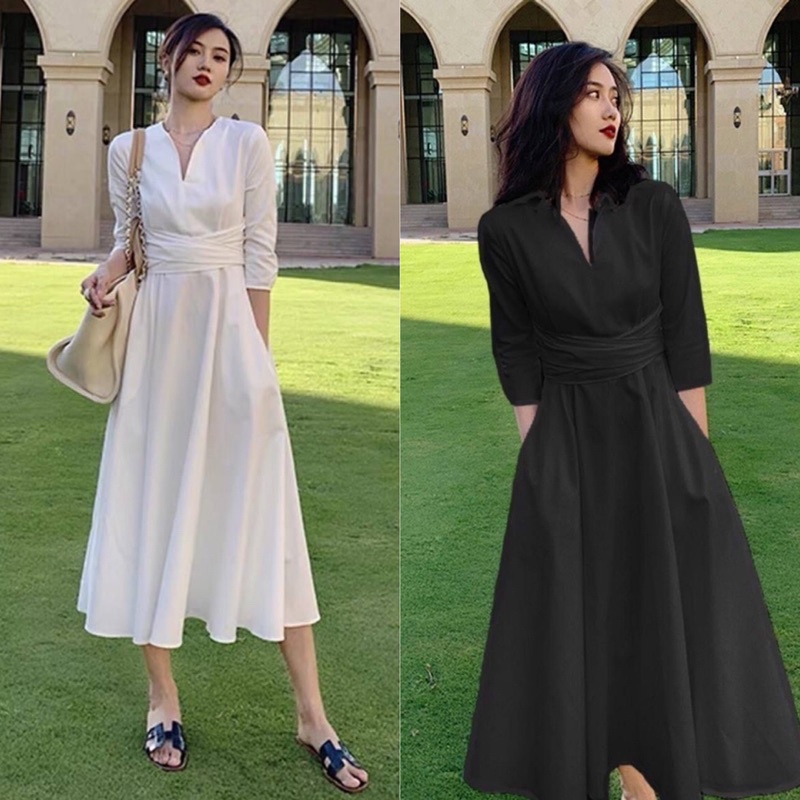 Jual Gaga Dress Korean Simple Basic Formal Casual White Black Summer ...