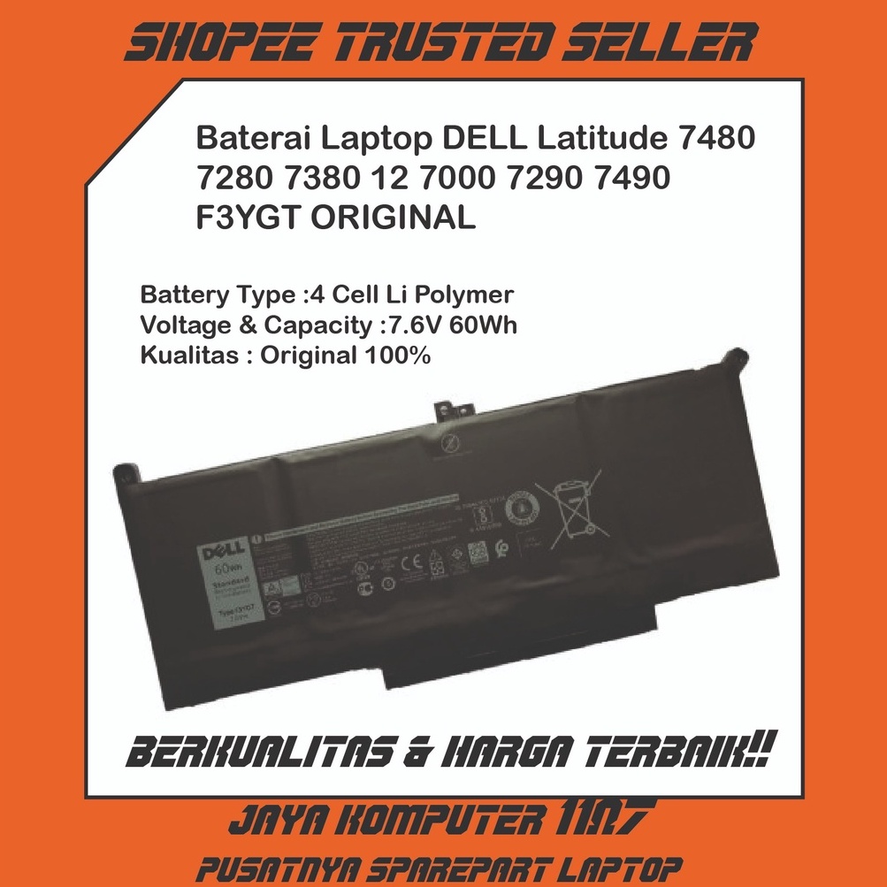 Jual Baterai Laptop DELL Latitude 7480 7280 7380 12 7000 7290 7490 F3YGT ORIGINAL | Shopee Indonesia
