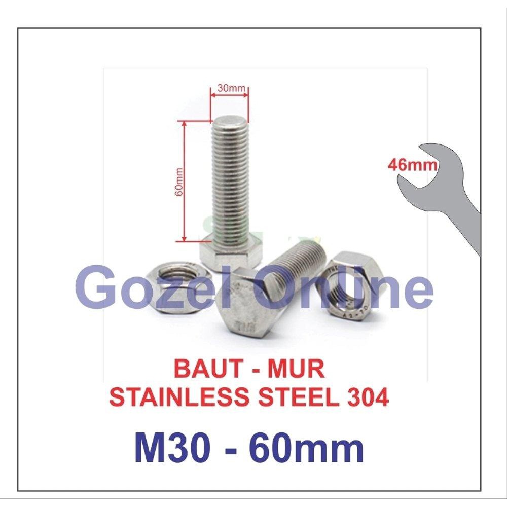 Jual Baut Mur M30 x60mm Stainless Steel 304 - Baut Stenlis - Bolt Nut St | Shopee Indonesia