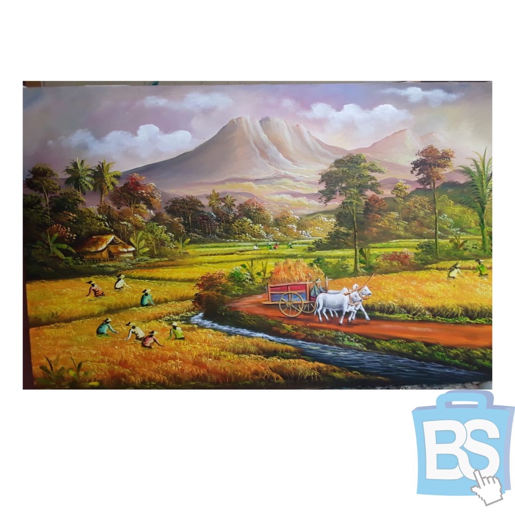 Jual LUKISAN TANGAN ABSTRAK PEMANDANGAN SAWAH GUNUNG DAN PERKAMPUNGAN 2 ...