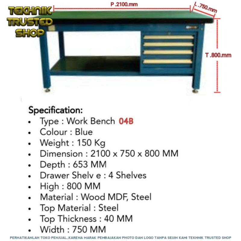Jual KRISBOW Work bench 4 laci Type 04B 2100 x 750 x 800mm meja kerja ...