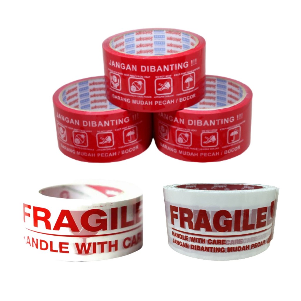 LAKBAN FRAGILE isolasi 48MM PUTIH solasi MERAH DAIMARU PECAH BELAH ...