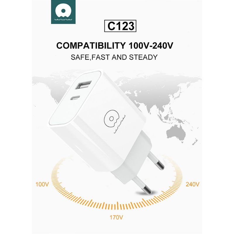 Jual WUW Charger Travel Adaptor 12W Colokan 2 Port USB dan Type C Fast ...