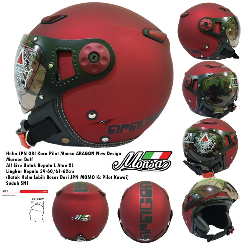 Jual Helm Dewasa Retro Klasik Kaca Pilot Riben Monsa Merah Marun Maroon ...