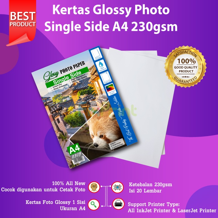 Jual KERTAS FOTO GLOSSY A4 230GSM PHOTO PAPER GLOSSY SINGLE SIDE 20 ...