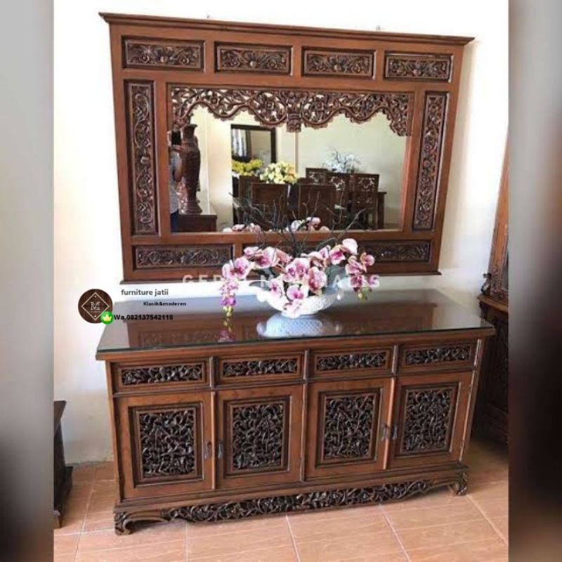 Jual bufet palembang meja tv plus kaca cermin krepyak kayu jati ...