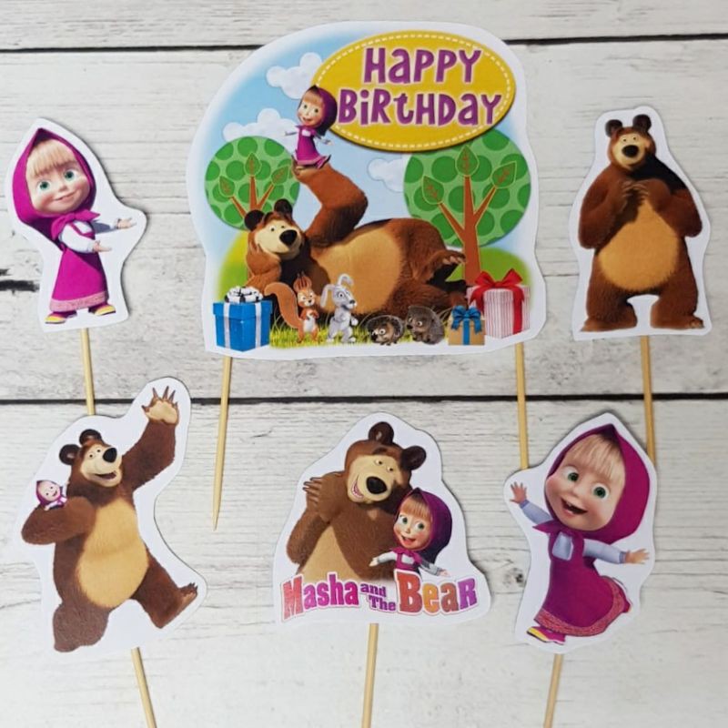 Jual SK Cake Topper Birthday Masha and The Bear 1 set isi 6 pcs ...