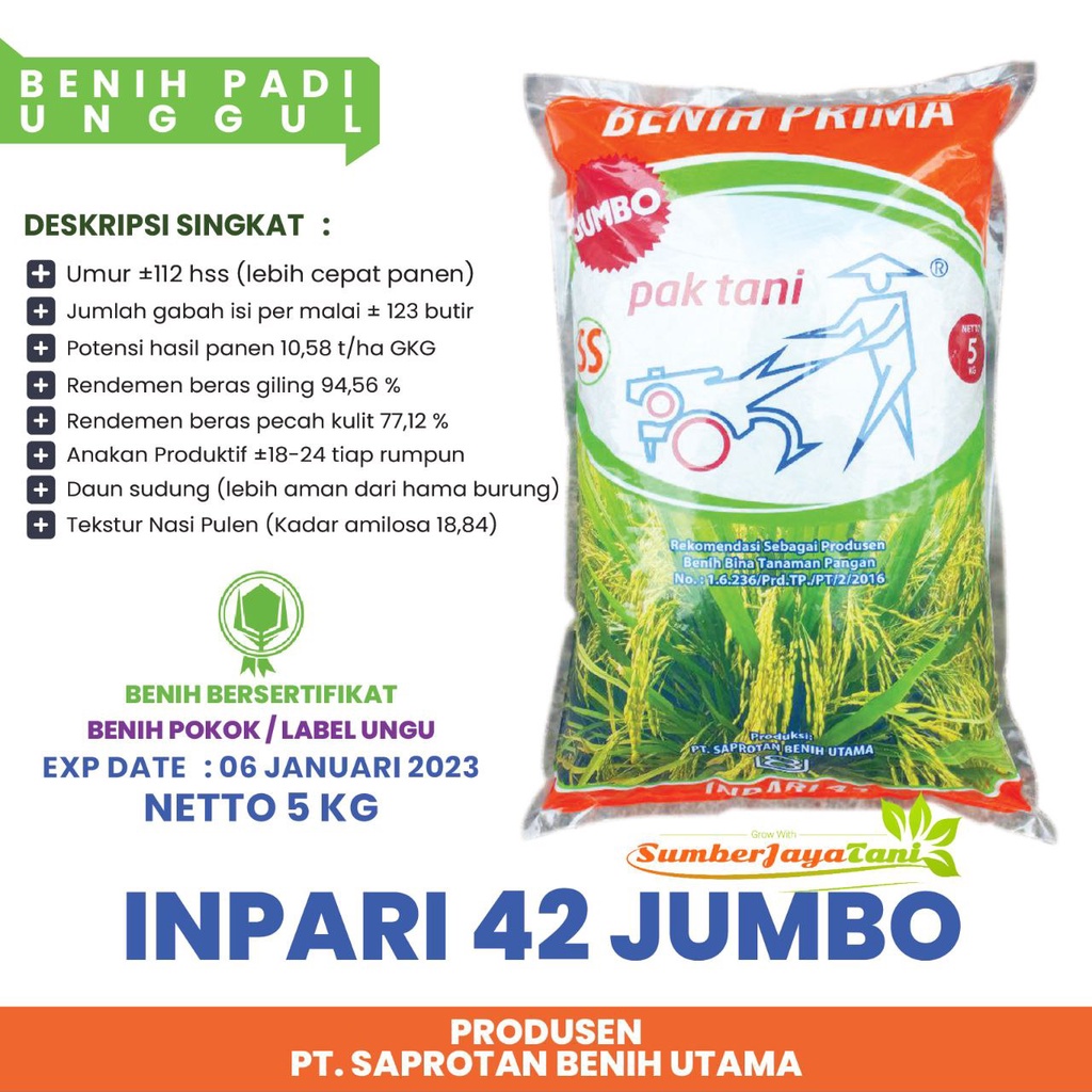 Jual Benih Padi Inpari 42 Jumbo Pak Tani 5kg - Benih Unggul Bersertifikat | Shopee Indonesia