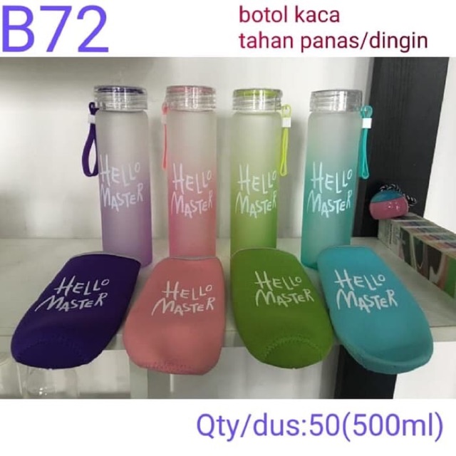 Jual BOTOL MINUM KACA HELLO MASTER FREE POUCH | Shopee Indonesia