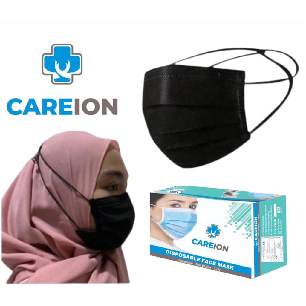 Jual Masker 3Ply Hijab Hitam CAREION Masker Disposable Mask 3 ply Hitam ...