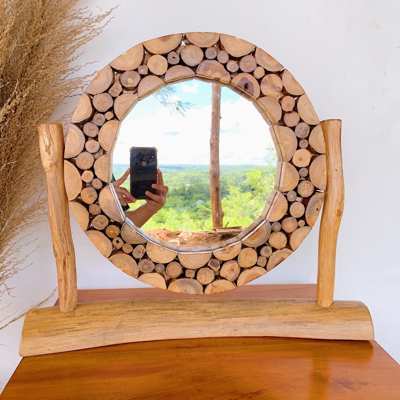 Jual Cermin Wood Slice Standing Kaca Meja Cermin Bulat SUDAH TERMASUK ...