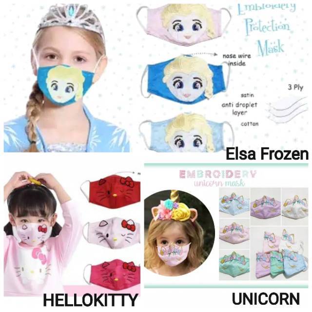 Jual MASKER 3 LAPIS KATUN ANAK UNICORN, KITTY , ELSA FROZEN BORDIR ...