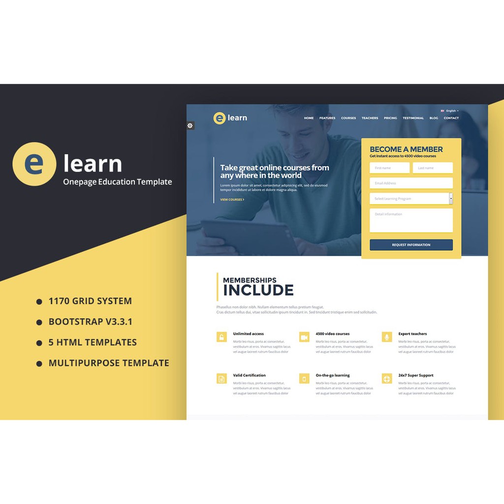 Jual Template e-Learn Onepage Bootstrap Education HTML Web - Wooma ...