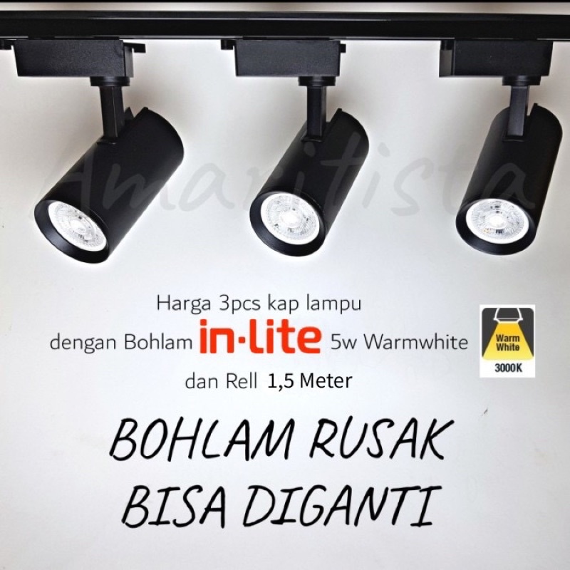 Jual Lampu Track SET spotlight 3pcs INLITE 5w 3000K Rell 1.5 Meter ...