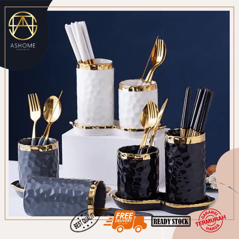 Jual ASHOME Tempat Sendok Makan Keramik 2 Tabung List Gold Motif Totol ...