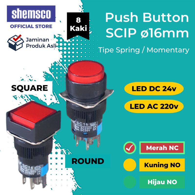 Jual LED 220v 24v 8 Kaki Pin 16mm SPRING Push Button Tombol Saklar ON ...