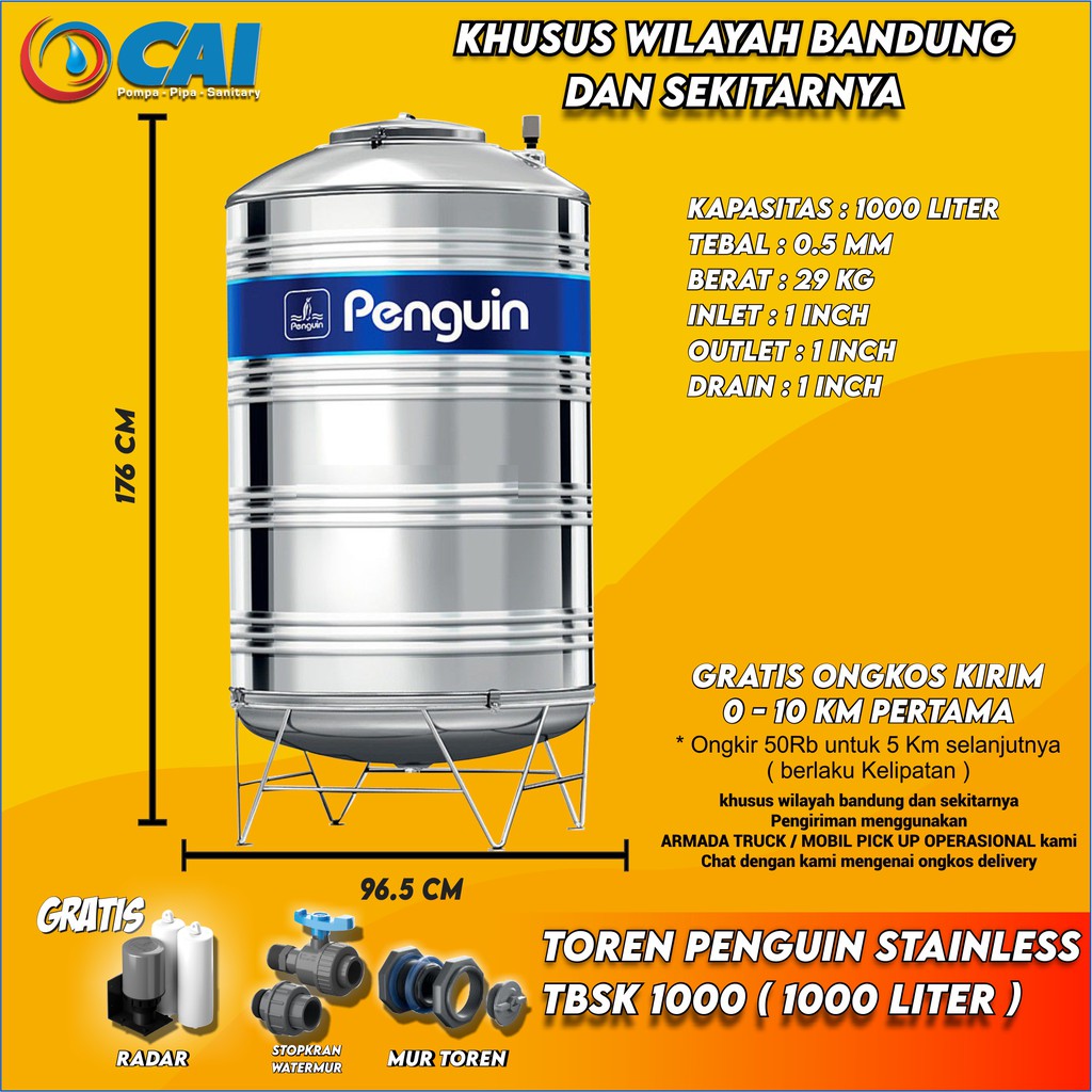 Jual TOREN TANGKI AIR - PENGUIN - TBSK1000 - 1000 LITER - STAINLESS ...