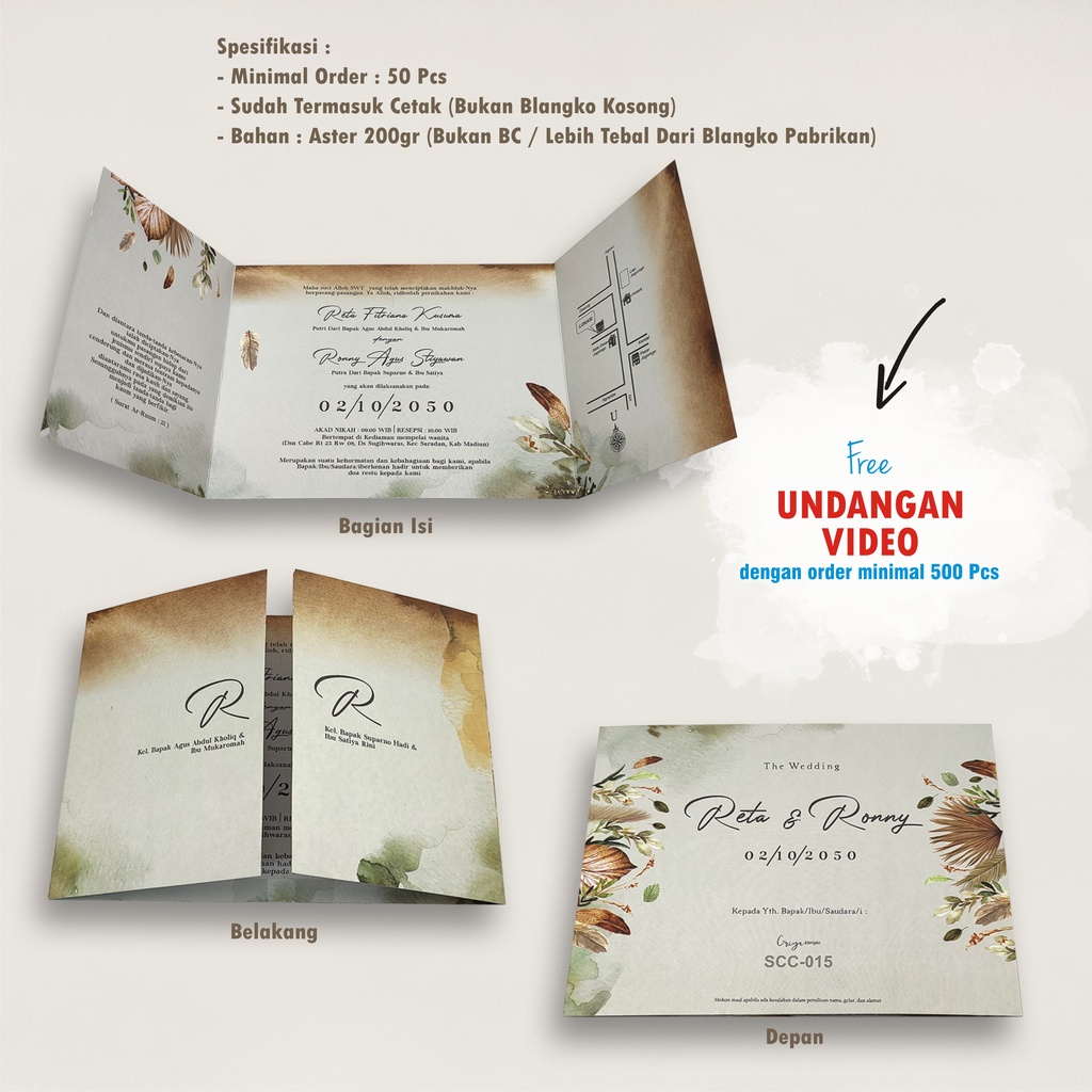 Jual Undangan Pernikahan Lipat Tiga Natural Rustic Bahan Aster Tebal ...
