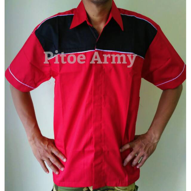 Seragam Kerja Crew - Kemeja Kombinasi Merah - Seragam Kerja Bengkel ...