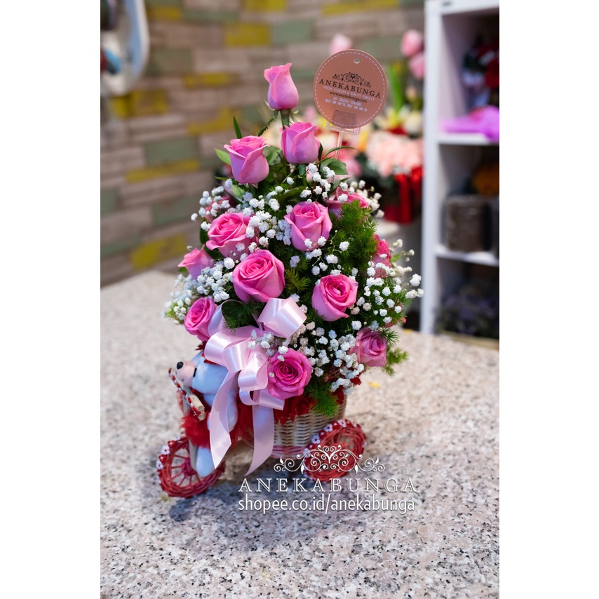 Jual Kado Kereta Sepeda Boneka Beruang Bunga Mawar Pink Segar Hidup ...