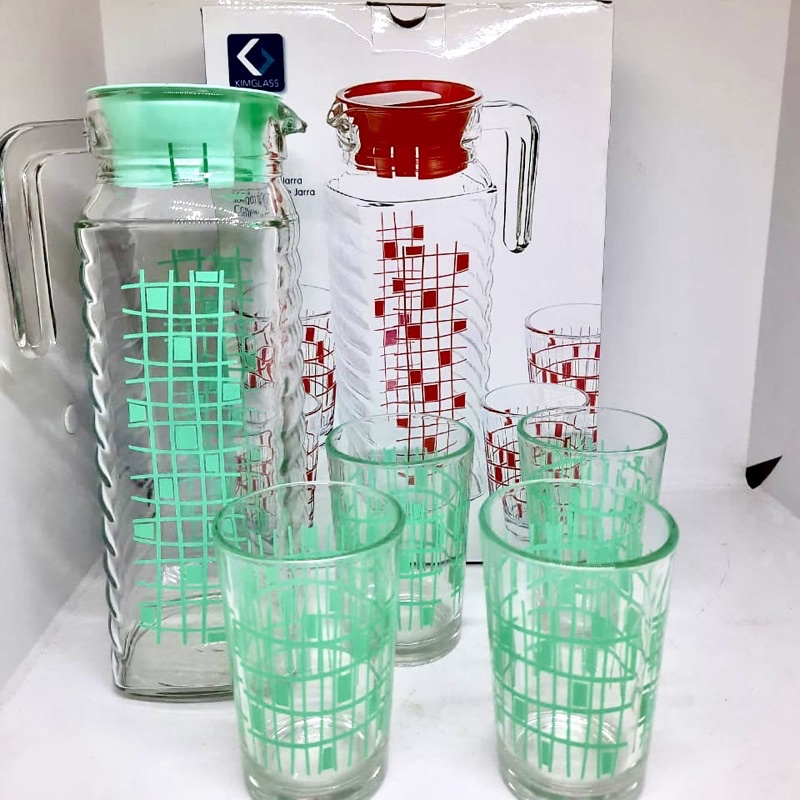 Jual Pitcher Set Kimglass 5 in 1 Teko + Gelas Kaca Motif Kotak-Kotak ...