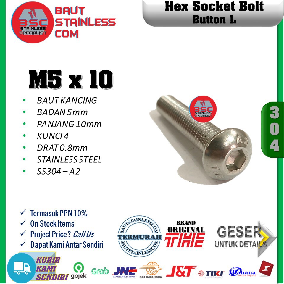 Jual BAUT KANCING M5X10 - BUTTON L SOCKET CAP SCREW SS304 A2 ISI 10 PCS | Shopee Indonesia