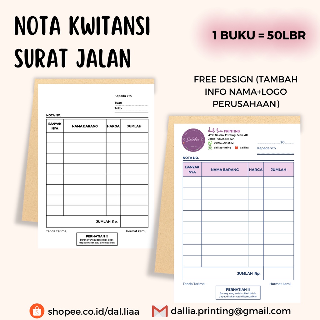 Jual NOTA TOKO CUSTOM 1PLY KWITANSI ISI 50LBR | Shopee Indonesia