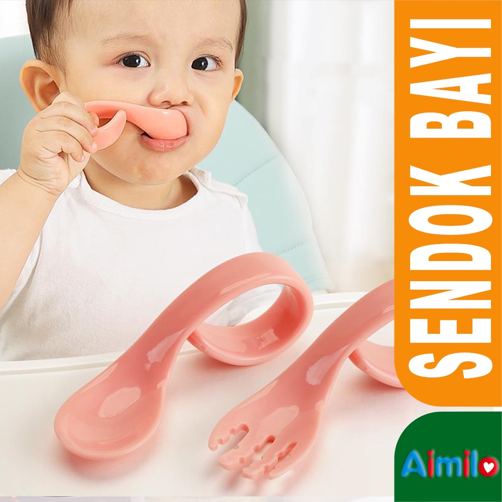 Jual Aimilo Sendok Melengkung Untuk Bayi Belajar Makan / sendok garpu + case bayi melengkung ...