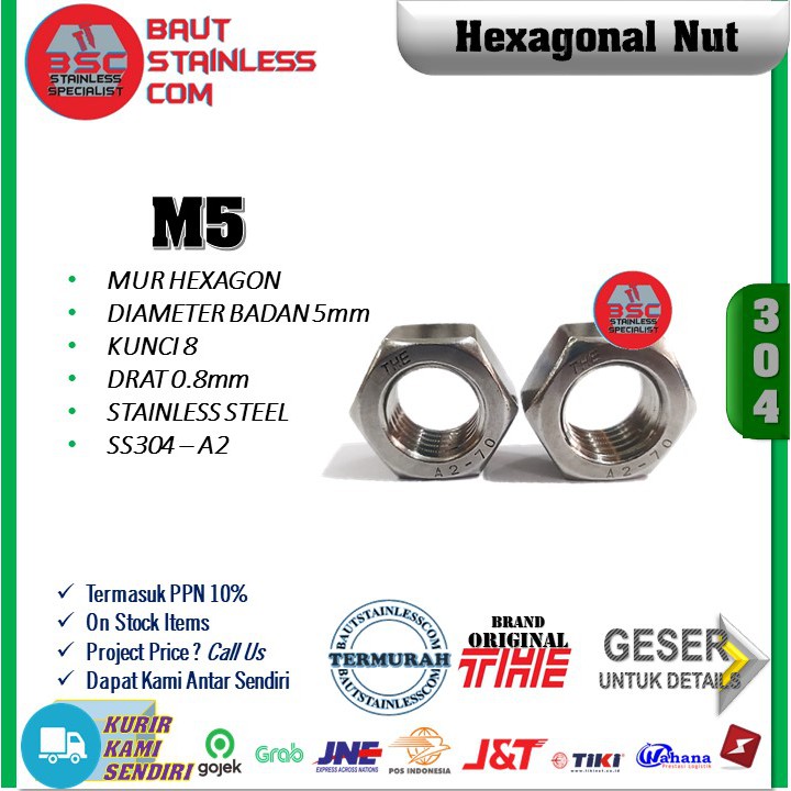 Jual MUR HEX NUT M5 STAINLESS SS304 A2 ISI 10 PCS | Shopee Indonesia