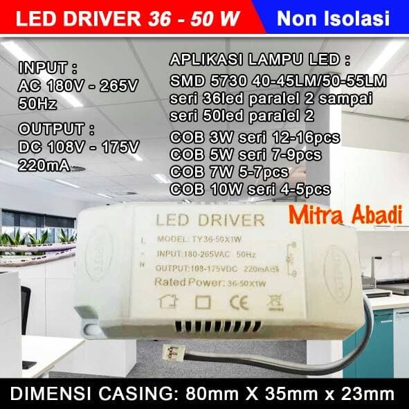 Jual LED Driver 36-50x1 Watt 220 mA AC-DC Casing Plastik NON ISOLASI | Shopee Indonesia